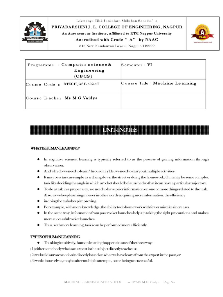 ML Unit-1 Notes | PDF | Machine Learning | Cognitive Science
