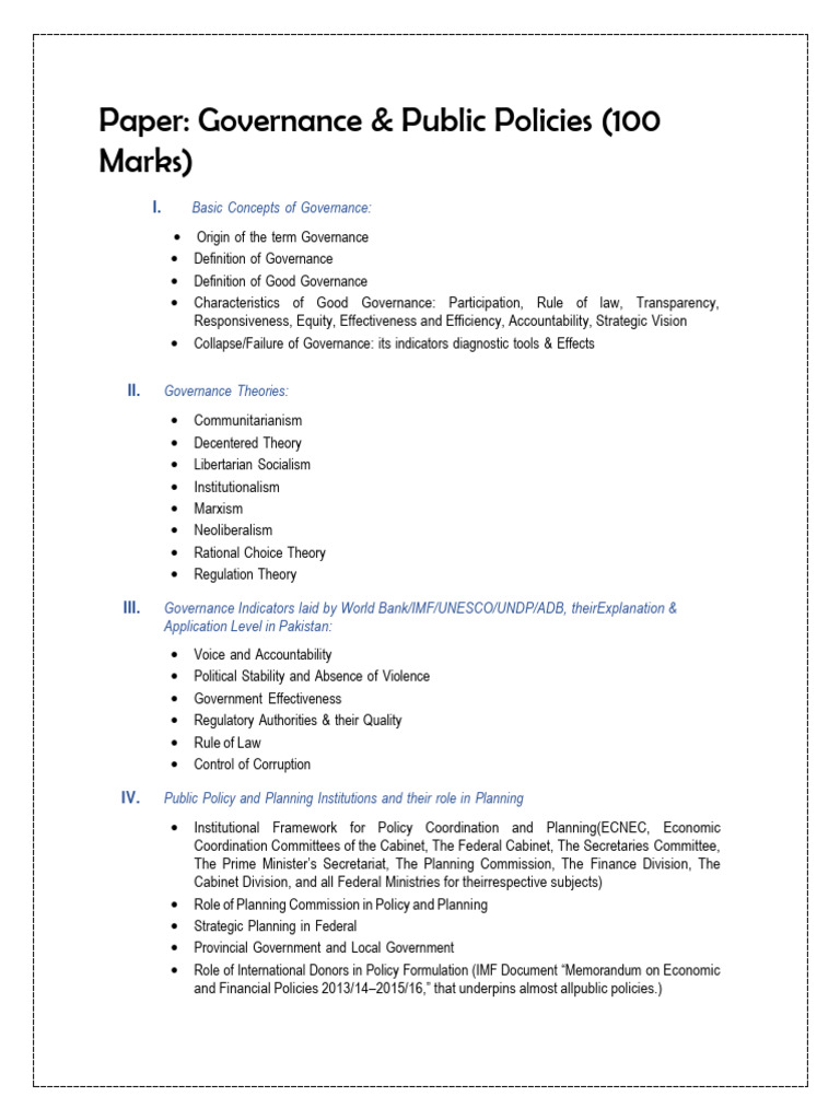 Governance Public Policies CSS Syllabus | PDF | Governance | Policy