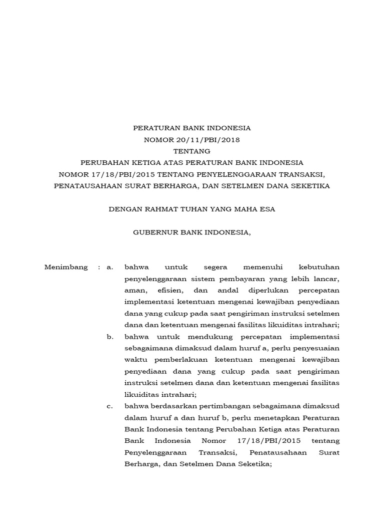 IND-PBI 20-11-PBI-2018 Perubahan Ke-3 PBI 17-18-PBI-2015 Berharga, Setelmen Dana Seketika | PDF