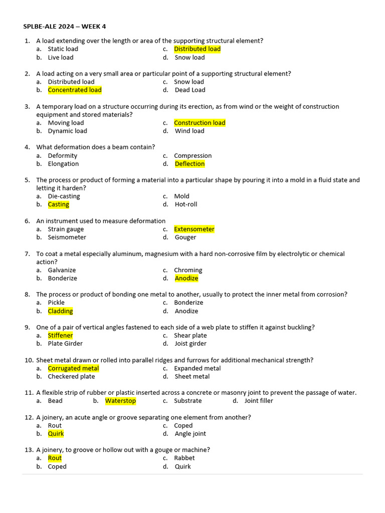 SPLBE-ALE 2024 – WEEK 4_ANSWER KEY | PDF | Beam (Structure) | Bending