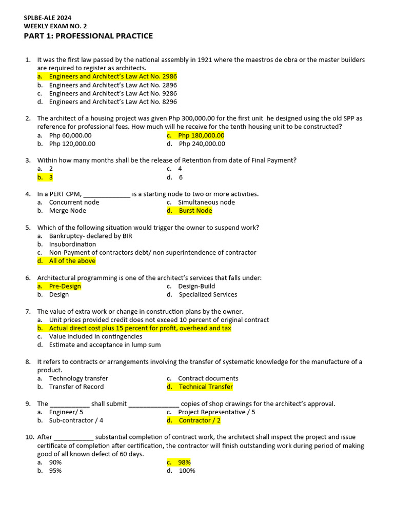 Splbe-Ale 2024 Week 2 Answer Key | PDF | Architect | Per Diem