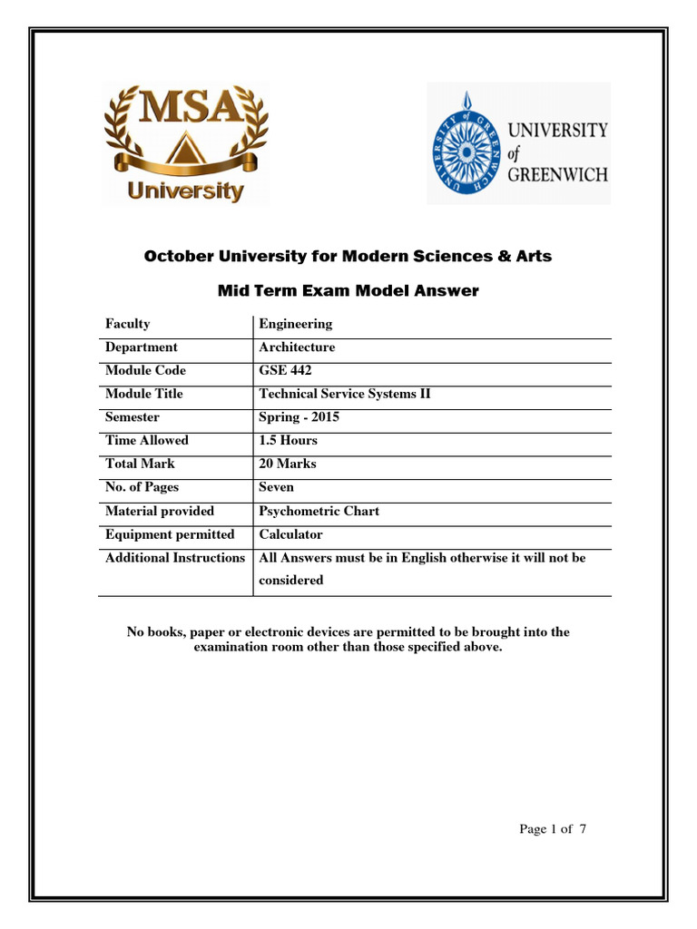 GSE 442 Mid Term Model Answers Spring 2015 | PDF | Humidity | Heat Transfer