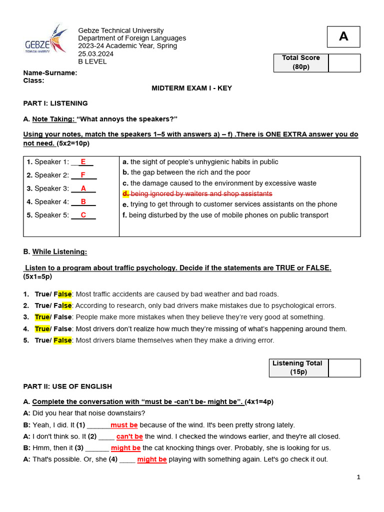 Midterm Exam I Listening & English Skills | PDF | Oceans | Drinking Water