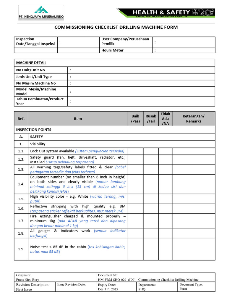 HM-FRM-SHQ-029 - D (00) - Commissioning Checklist Drilling Machine | PDF