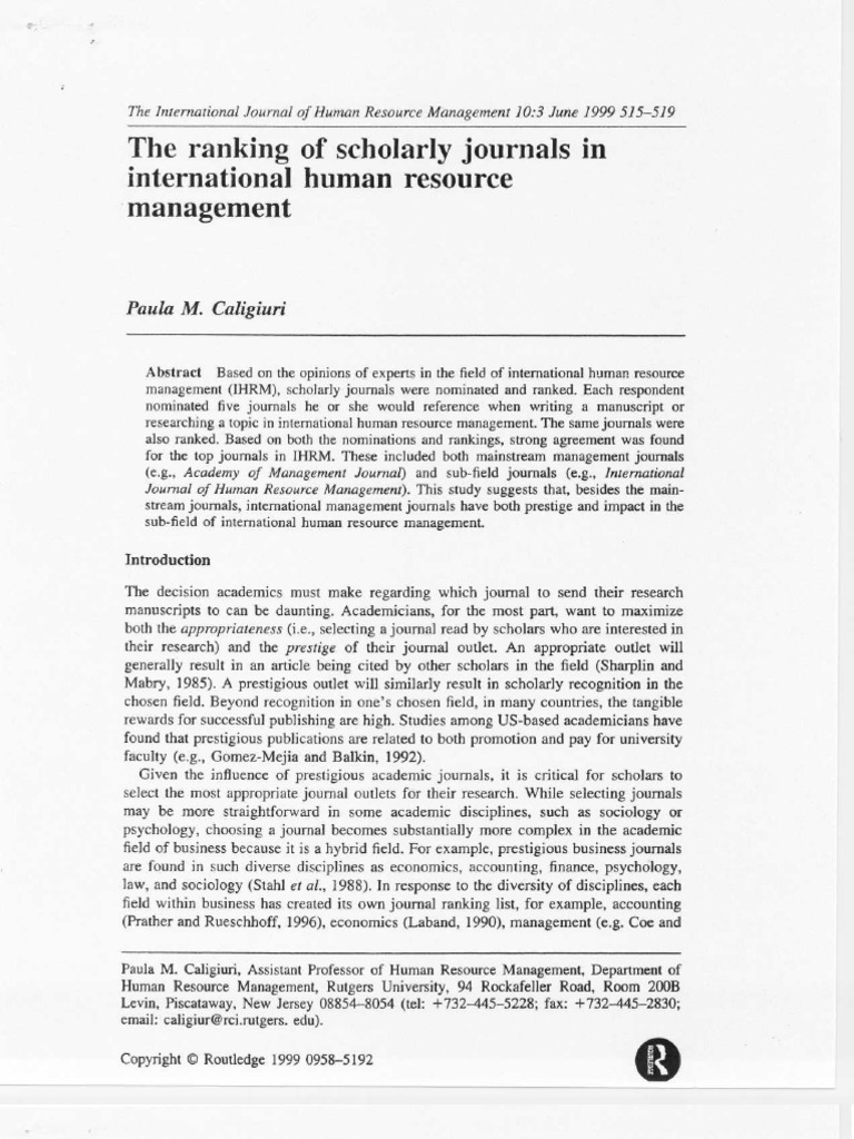The Ranking of Scholarly Journals in International Human Resource ...