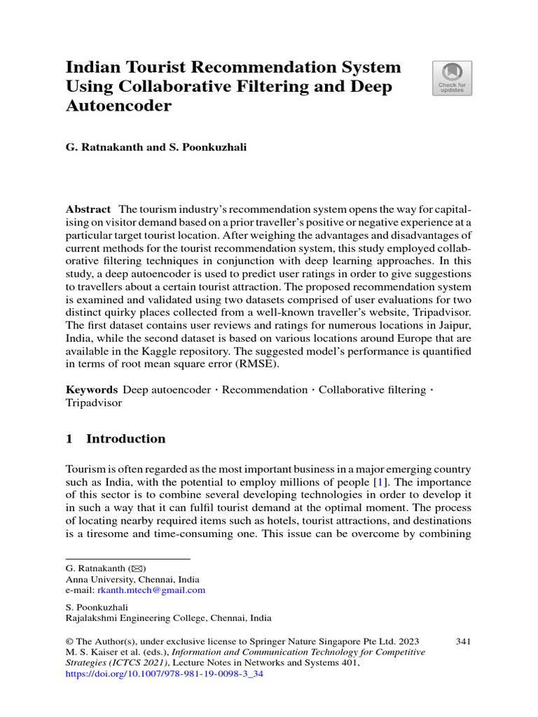 Indian Tourist Recommendation System Using Collaborative Filtering and Deep Autoencoder | PDF ...