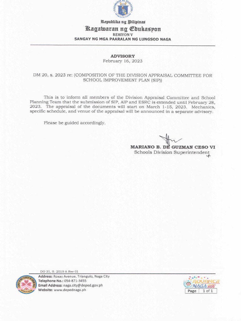 Advisory February 16, 2023, DM No. 20, S. 2023, Submission of SIP, AIP ...