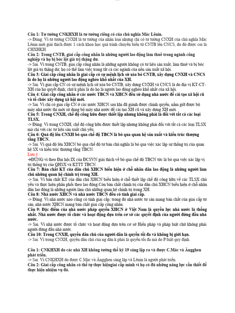 Cac Cau Hoi Tra Loi Ngan On Tap Mon Chu Nghia Xa Hoi Khoa Hoc | PDF
