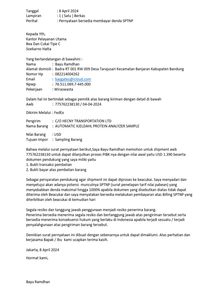 Surat Pernyataan Bersedia Membayar SPTNP | PDF