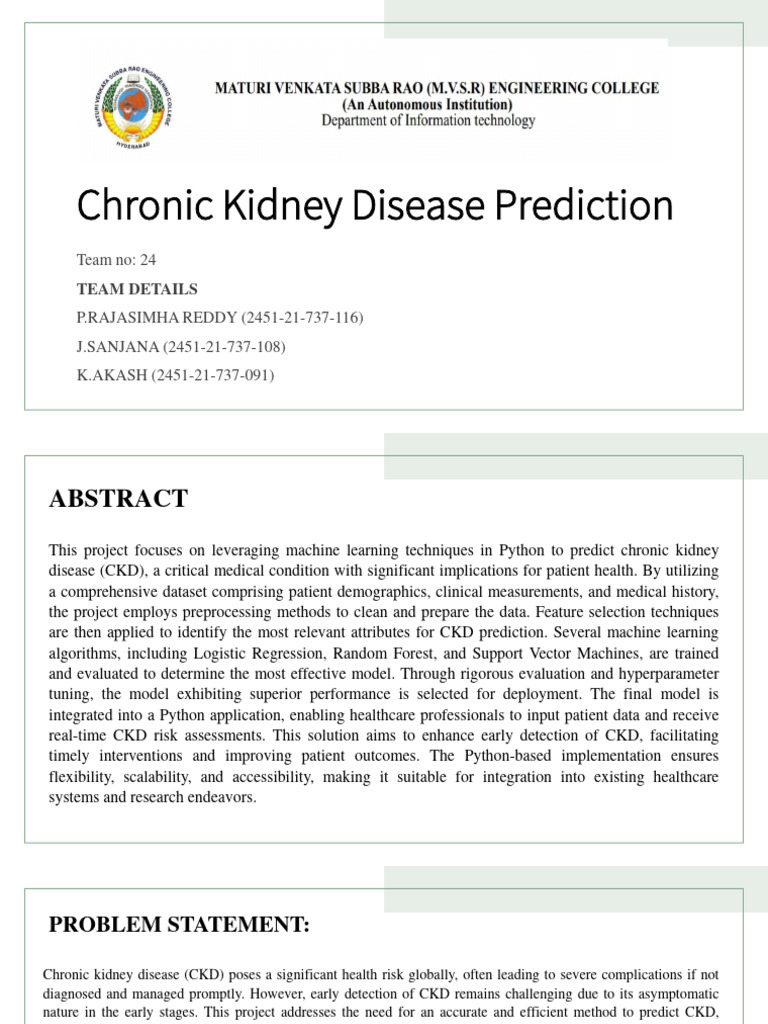 Chronic Kidney Disease Prediction: Team No: 24 | Download Free PDF | Machine Learning | Medical ...