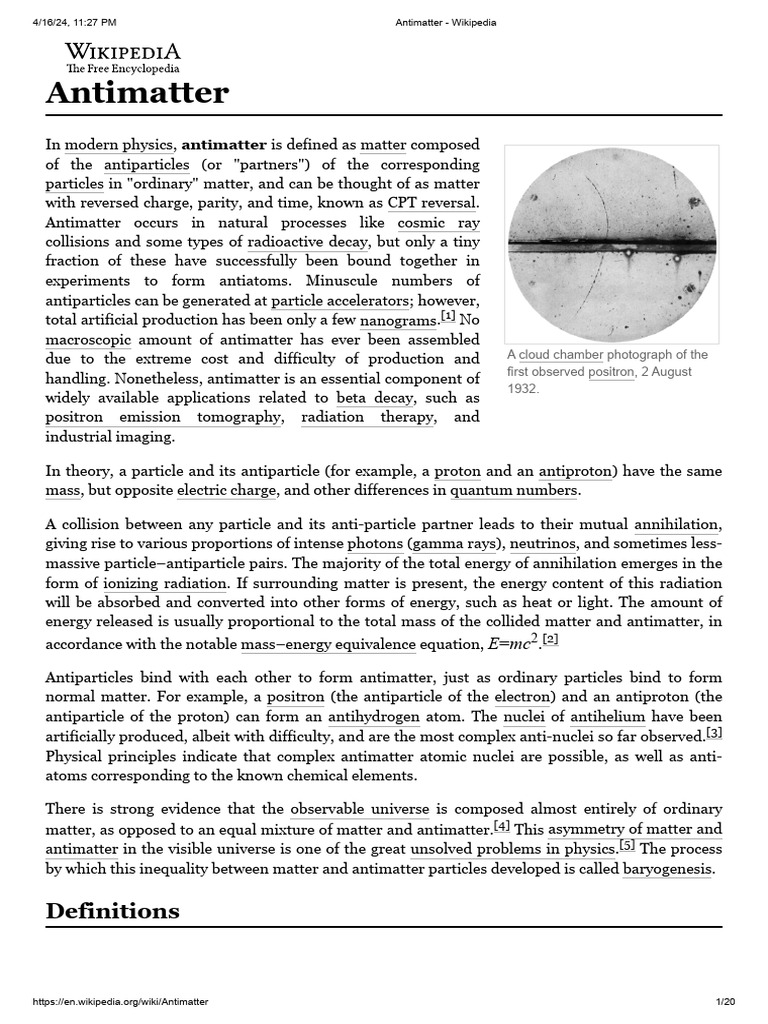 Antimatter - Wiki-240416 | PDF | Matter | Particle Physics