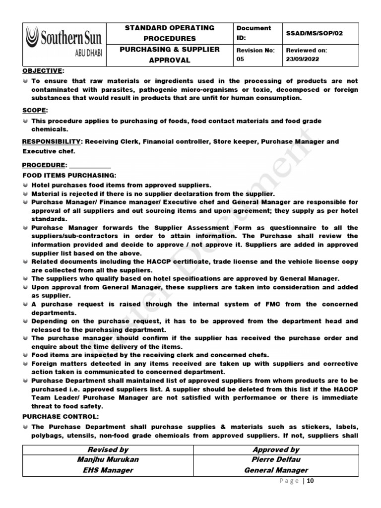 Sop 2 Purchasing and Supplier Approval | PDF | Supply Chain | Food Safety