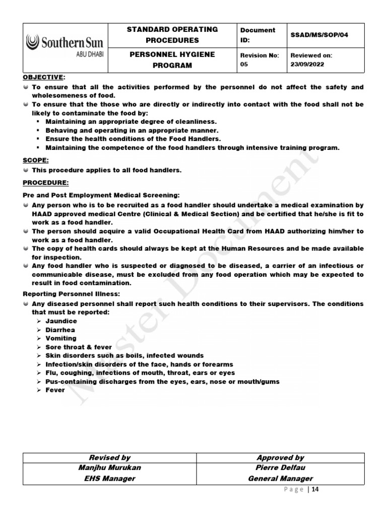 Sop 4 Personnel Hygiene | PDF | Hand Washing | Infection