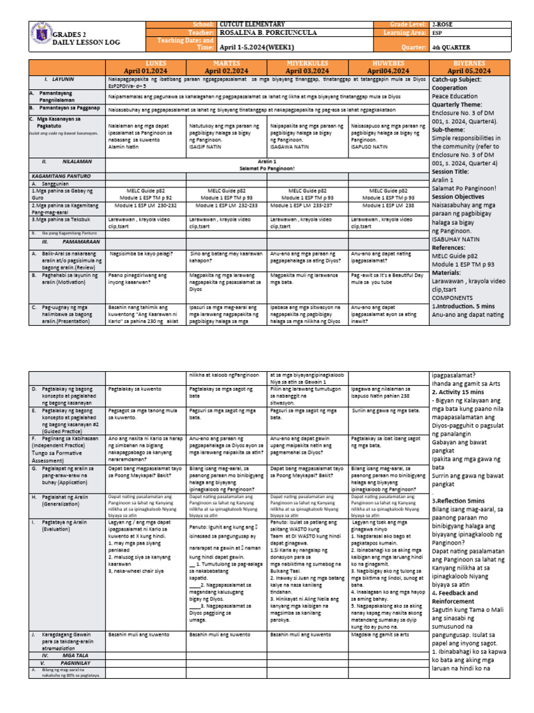 DLL All SUBJECTS-G2 Q4 WEEK1 With Catch Up | PDF