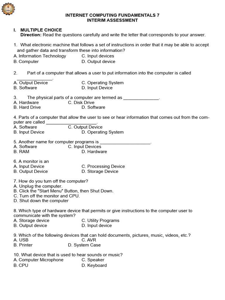 ICF 7 Midterm EXAM INTERNET COMPUTING FUNDAMENTALS | PDF | Input/Output | Computer Hardware