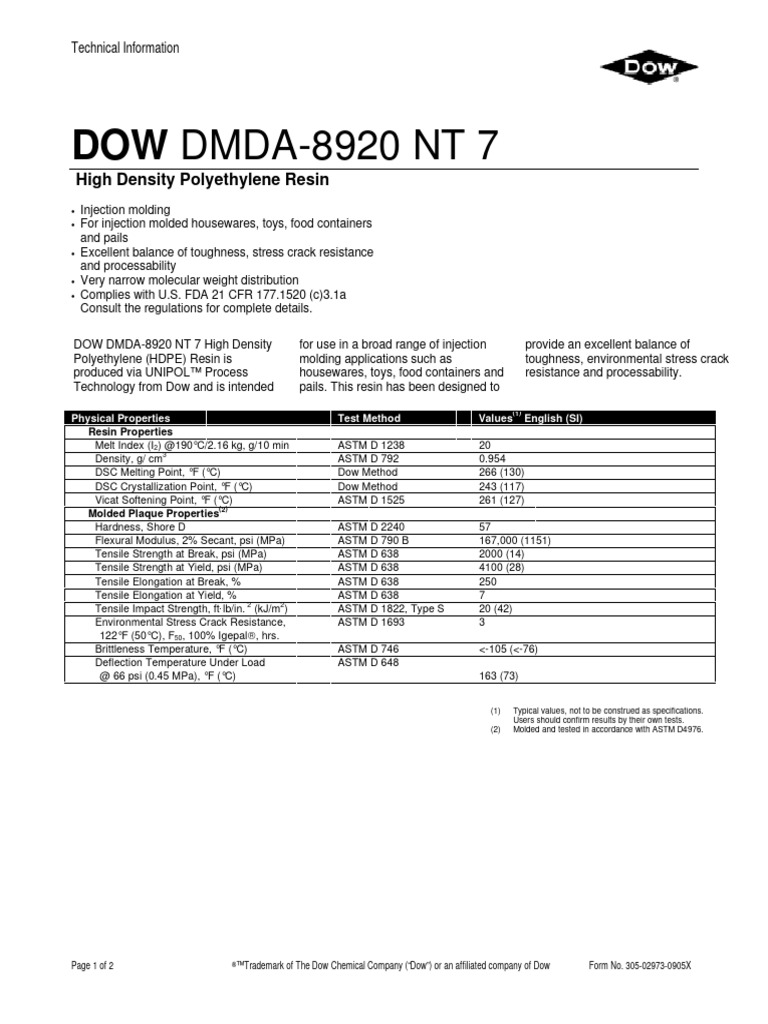 Dow Dmda 8920NT7 | PDF | Materials | Materials Science