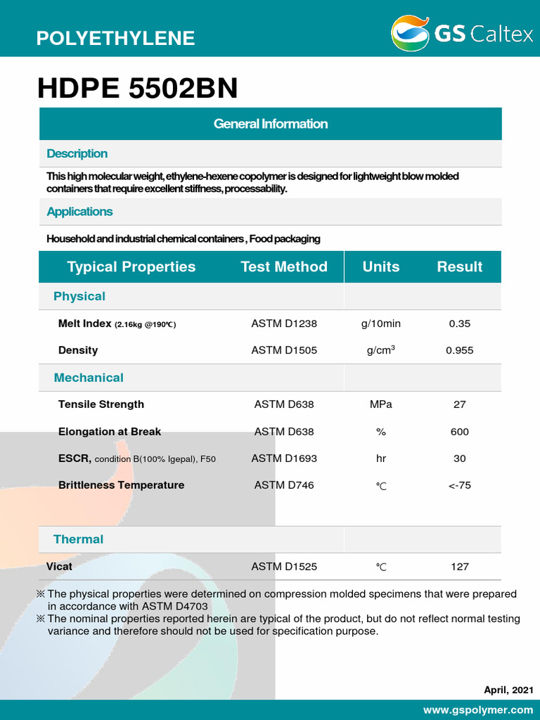 DataSheet - HDPE 5502BN GS Caltex Korea | PDF