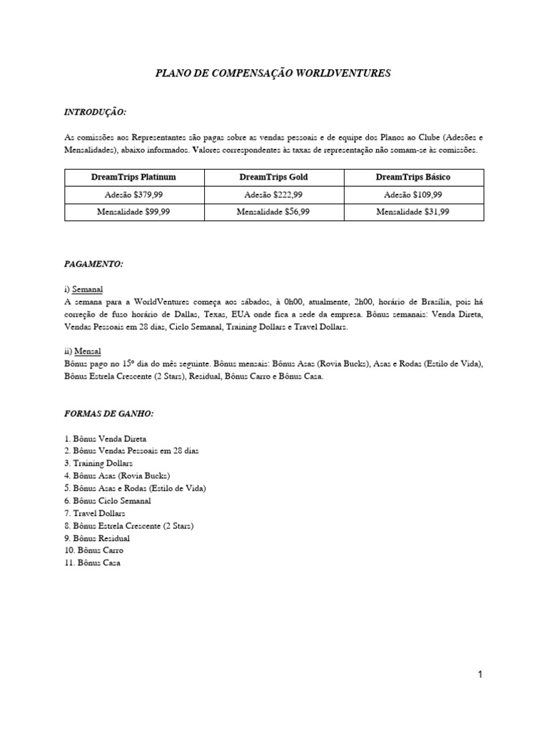 Plano de Compensação World Ventures | PDF