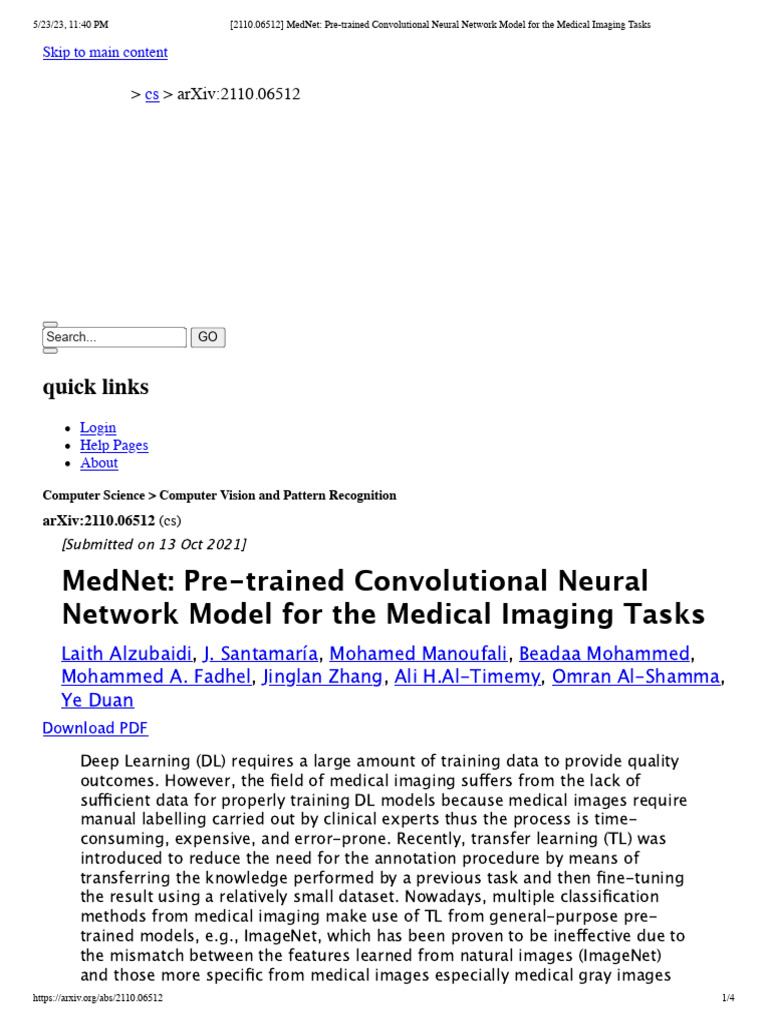 (2110.06512) MedNet - Pre-Trained Convolutional Neural Network Model For The Medical Imaging ...