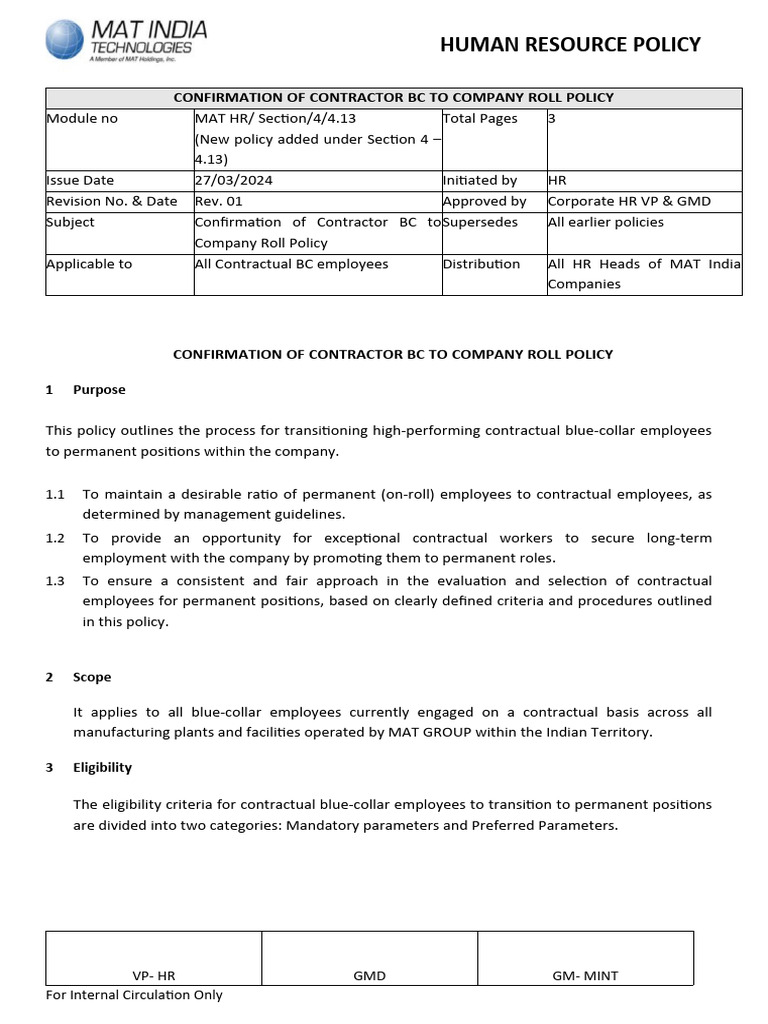 Contractor to Permanent Employee Policy | PDF | Employment | Human ...