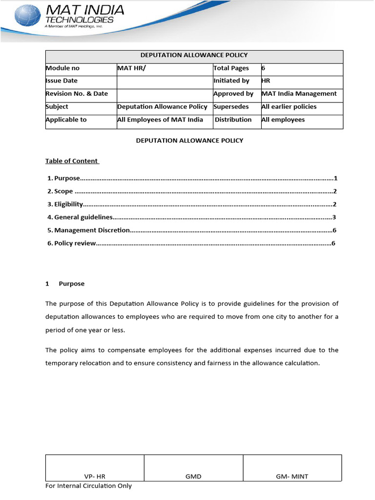 Deputation Policy Final Rev. | PDF | Cost Of Living | Employment