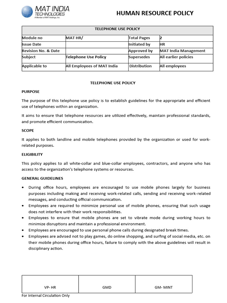 Telephone Use Policy Rev. | PDF | Telephone | Mobile Phones