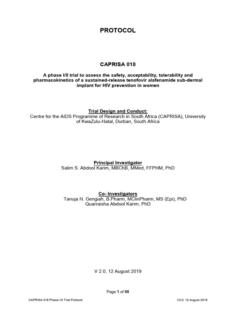 CAPRISA 018 - Study Protocol V2.0 - 12 Aug 2019 | PDF | Clinical Trial ...