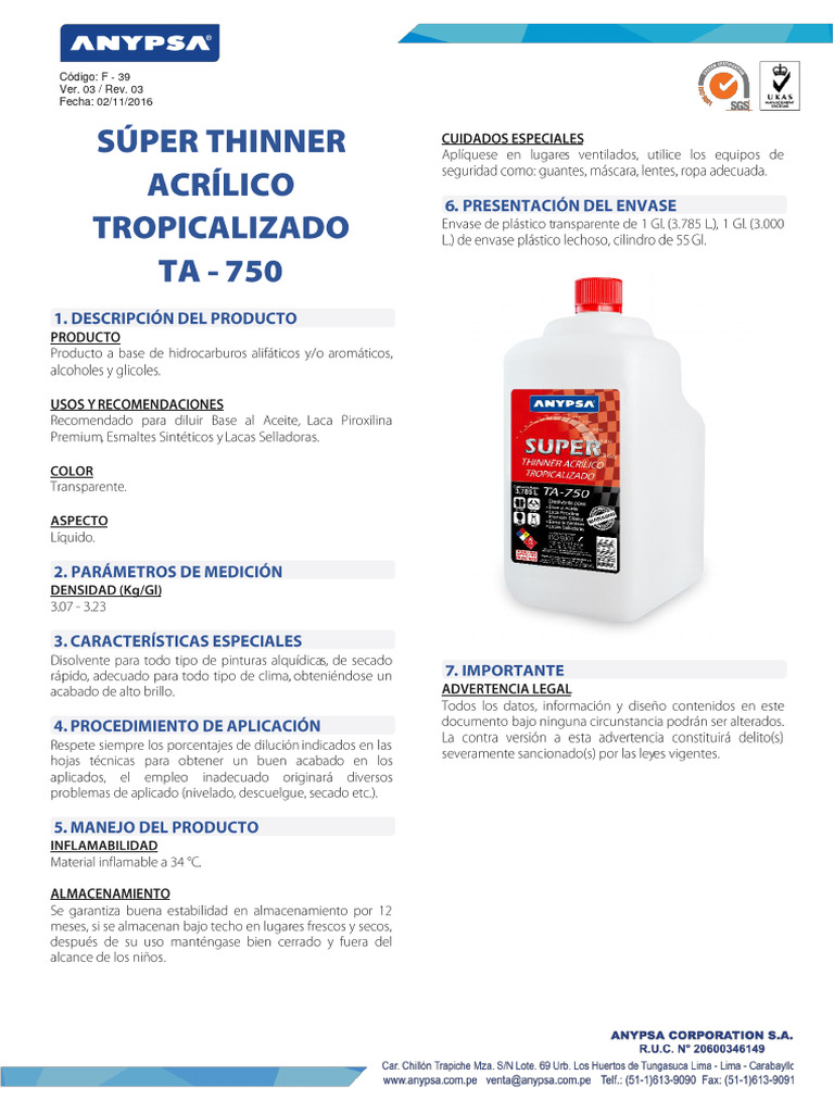 Super Thinner Acrilico Tropicalizado Ta 750 | PDF