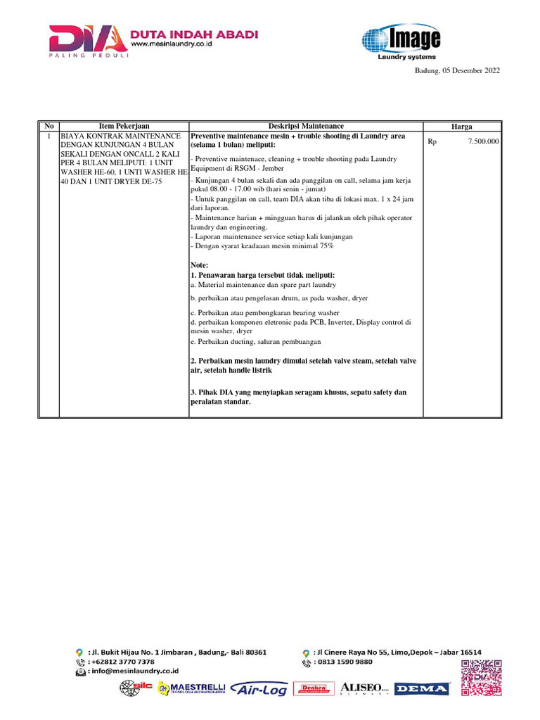 Penawaran Harga Alat Laundry Kontrak Maintenance 22-12-22 | PDF