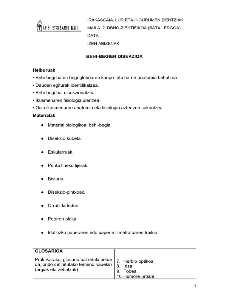 Begien Disekzioa-Laboratorio Protokoloa | PDF