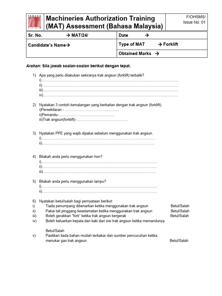 MAT Assesment - Forklift (Bahasa Malaysia) | PDF