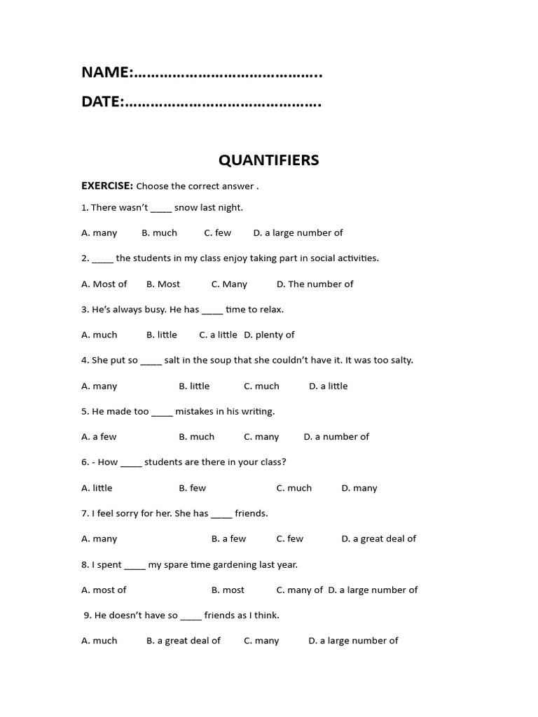 20 Quantifiers MCQ Exercise | PDF | Language Arts & Discipline