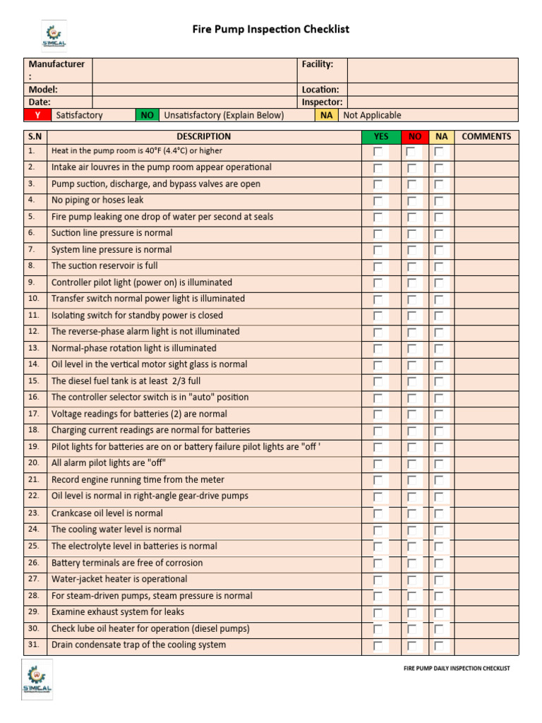 Fire-Pump-Inspection-Checklist semical | PDF | Pump | Leak