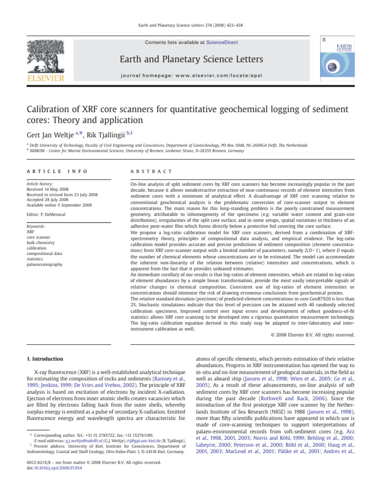 Calibration of XRF Core Scanners For Quantitative Geochemical Logging ...