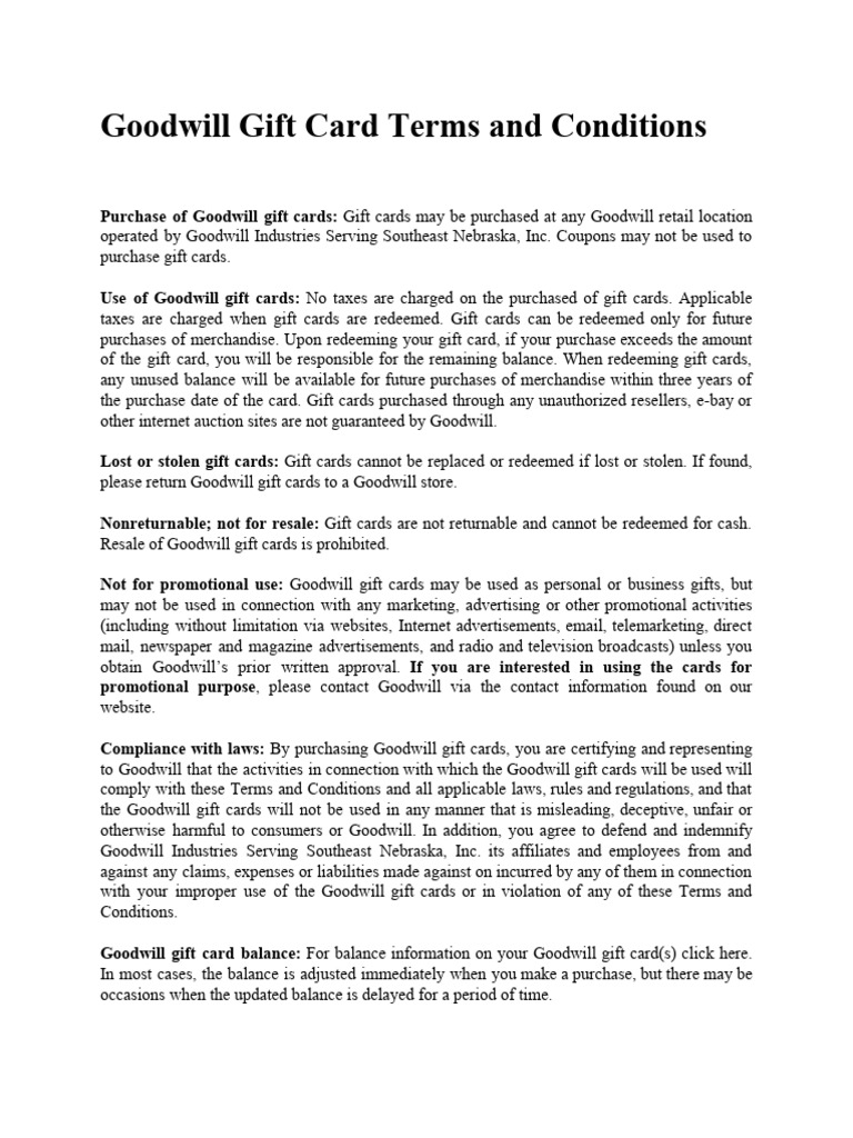 Goodwill Gift Card Terms & Conditions | PDF | Gift Card | Reseller