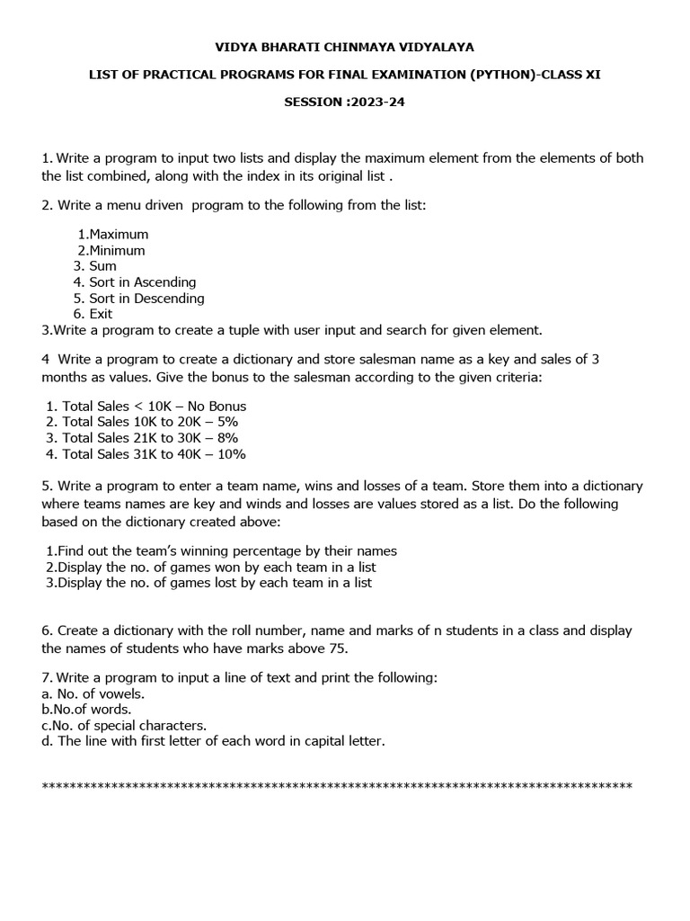 List Of Practical Programs For Final Examination Pdf Computer Programming Algorithms And