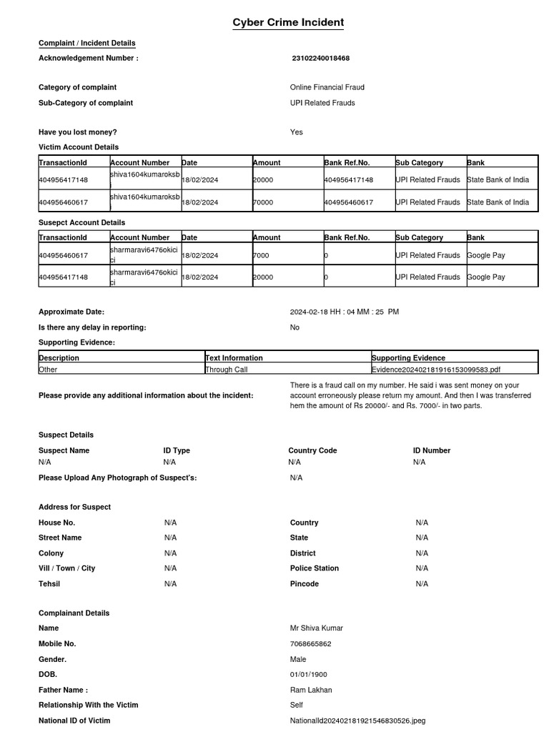 UPI Financial Fraud Incident Report | PDF | Fraud | Crimes