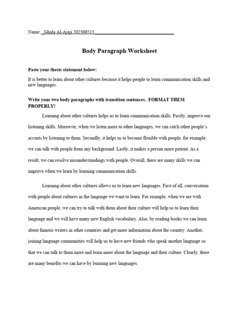 Ghala's Body Paragraph Worksheet | PDF | Career & Growth | Language ...