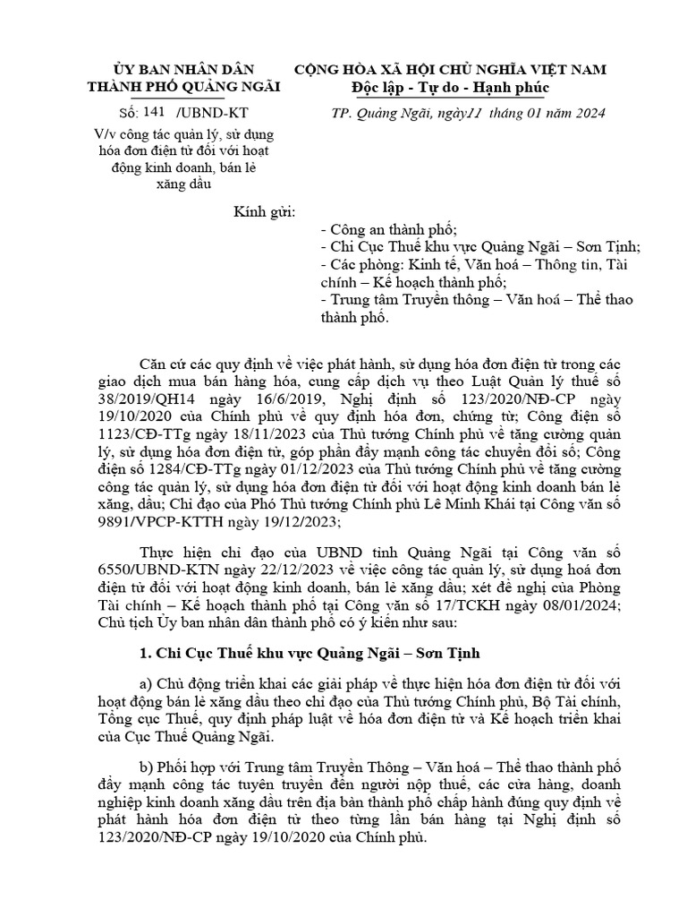 CV 141 UBND TP Triển Khai Quản Lý, Sử Dụng HĐĐT Xăng Dầu | PDF