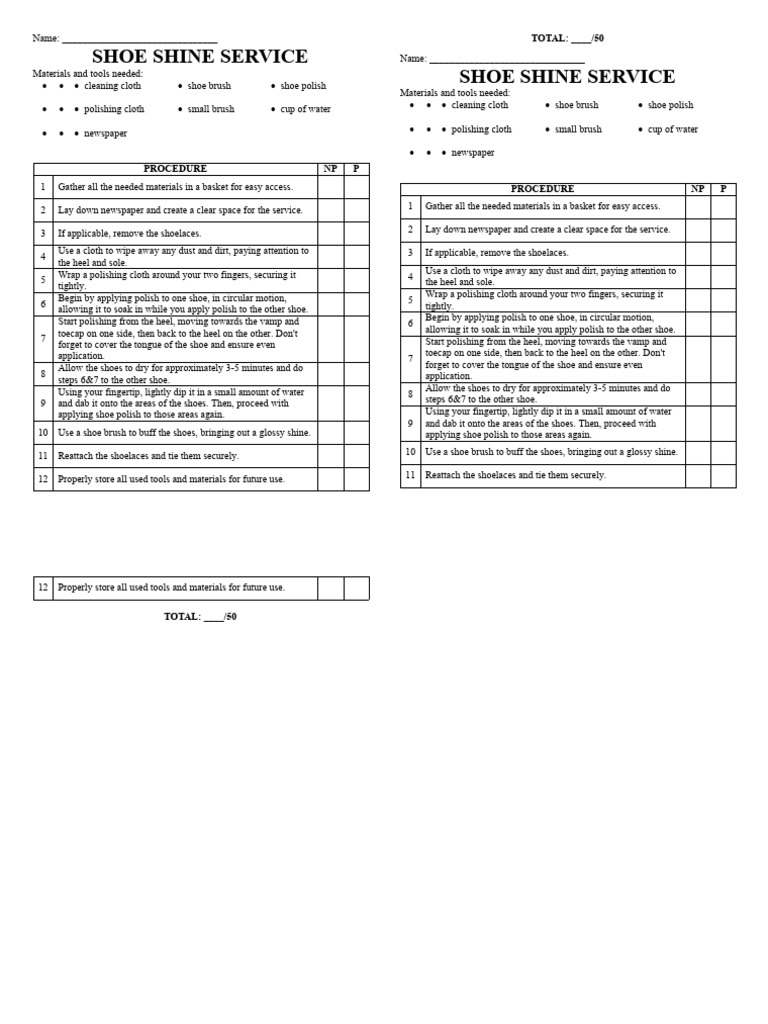 Checklist - Shoe Shine Service | PDF | Shoe | Footwear