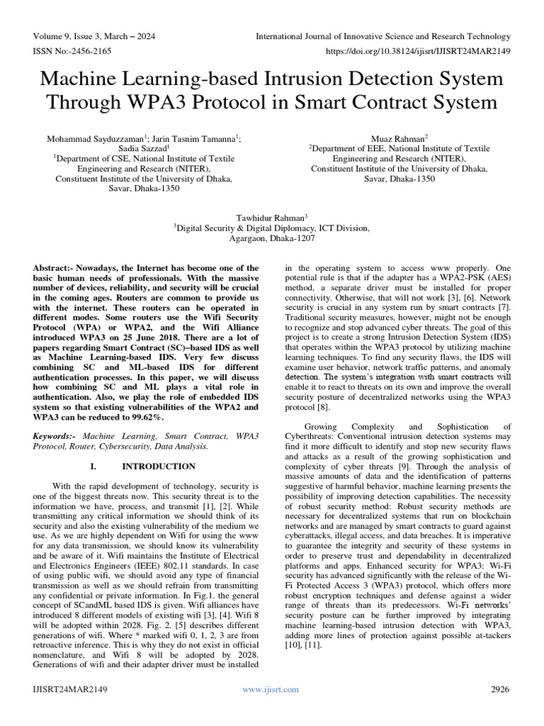 Machine Learning-Based Intrusion Detection System Through WPA3 Protocol in Smart Contract System ...