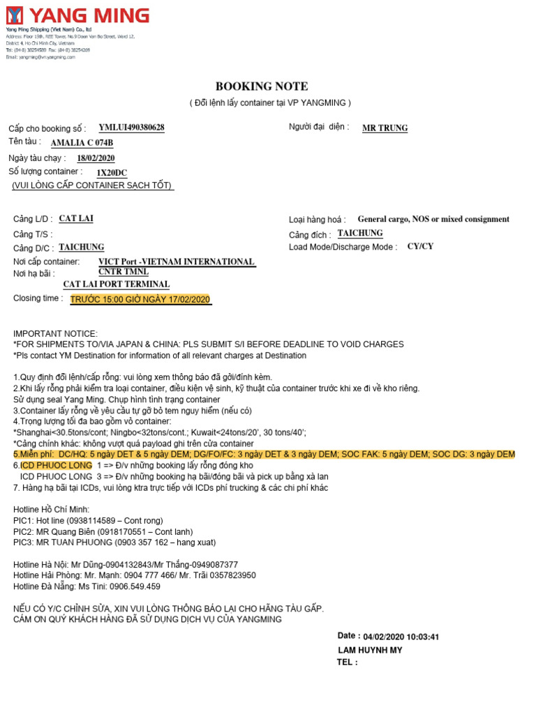 Booking Note: YMLUI490380628 Amalia C 074B 18/02/2020 1X20DC MR Trung | PDF