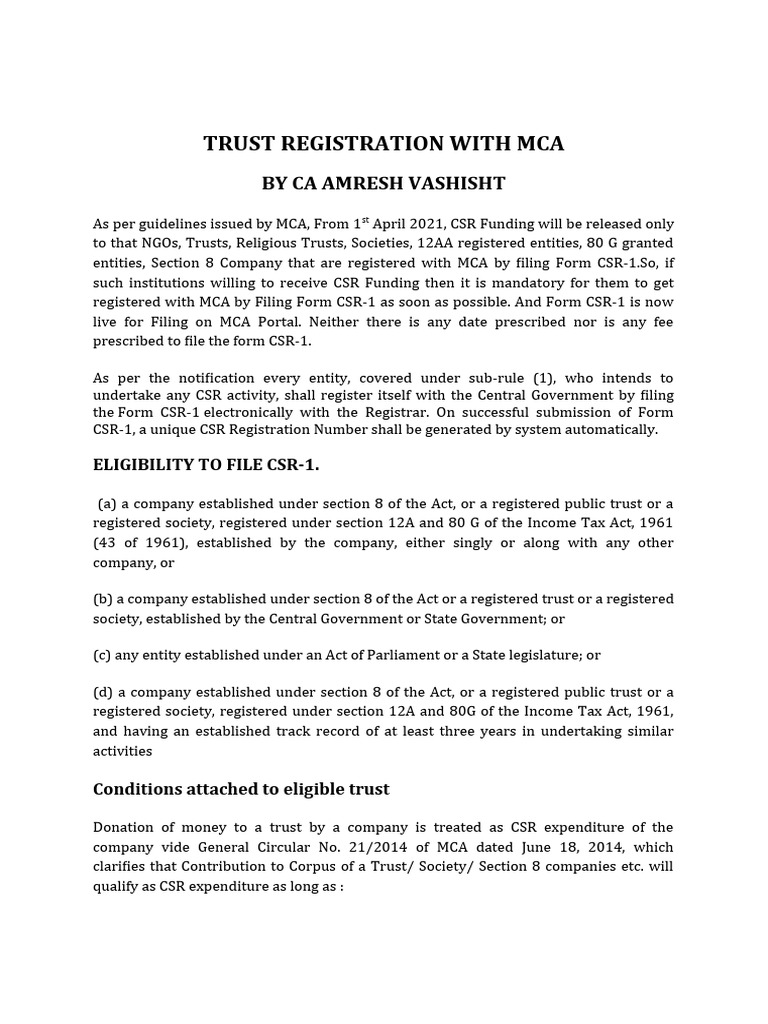 Trust Registration With Mca | PDF | Corporate Social Responsibility ...