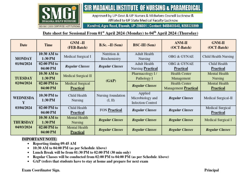 Sessional Date Sheet | PDF | Nursing | Medicine