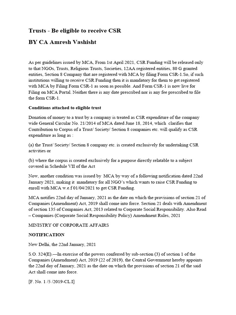CSR Registration for Trusts and NGOs | PDF | Corporate Social ...