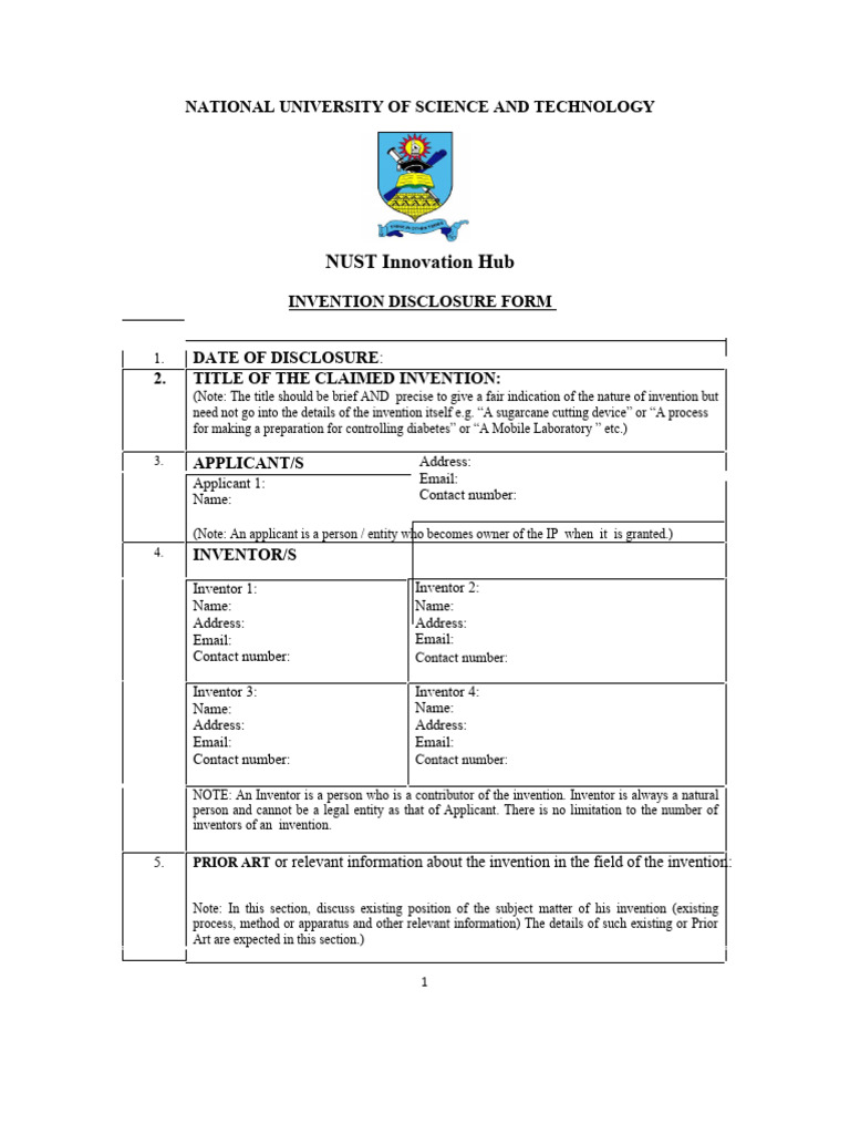 Nust Invention Disclosure Form | PDF | Prior Art | Invention