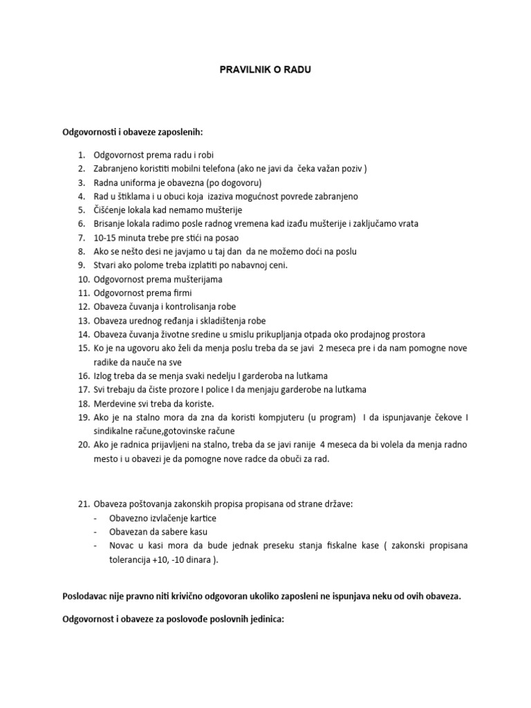 Pravilnik o Radu Ujjjj | PDF