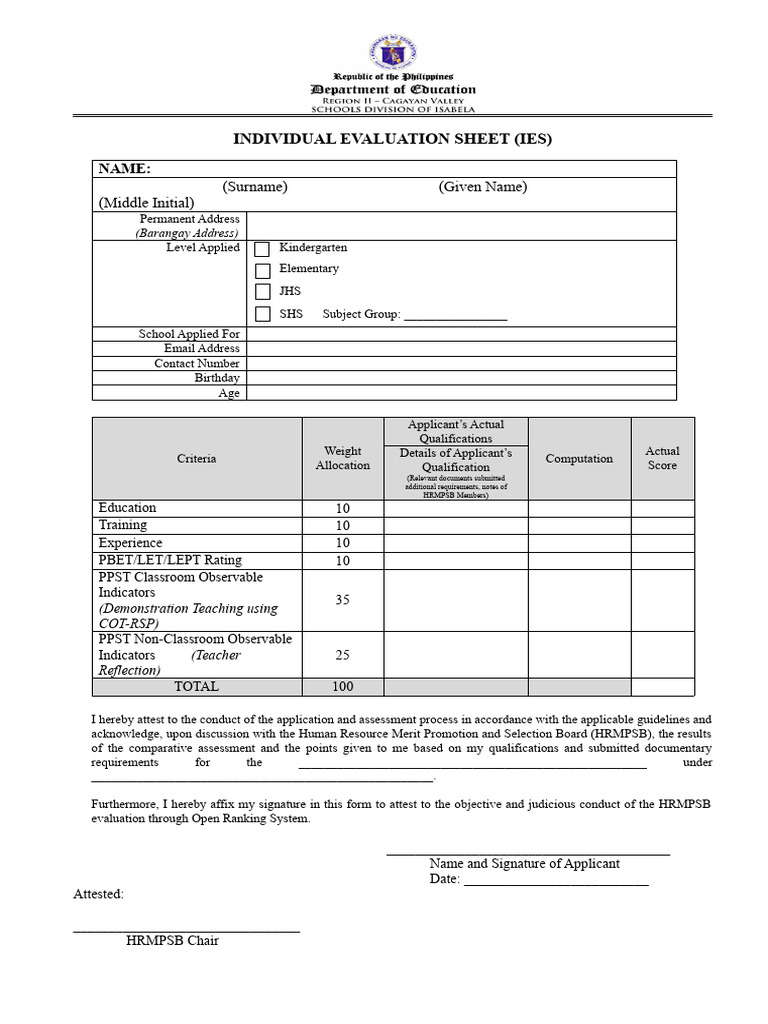 Individual Evaluation Sheet Ies | PDF | Evaluation