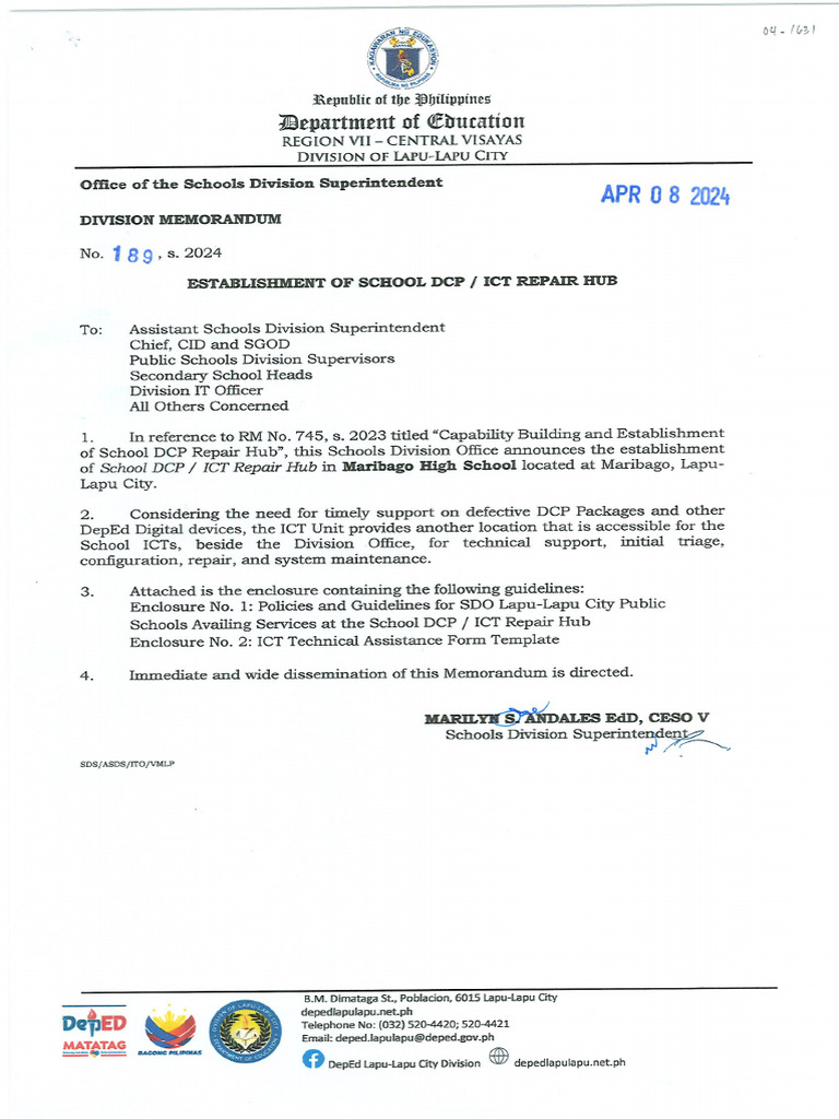 DM No. 189, S. 2024 - Establishment of School DCP ICT Repair Hub | PDF