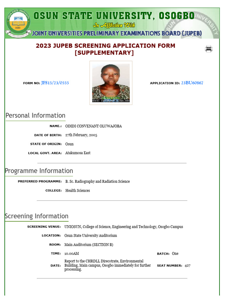 2023 Jupeb Screening Registration Form | PDF | Educational Stages | Science